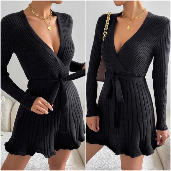 Dresses | Classic Black Plunging Neck Sweater Dress | Poshmark
